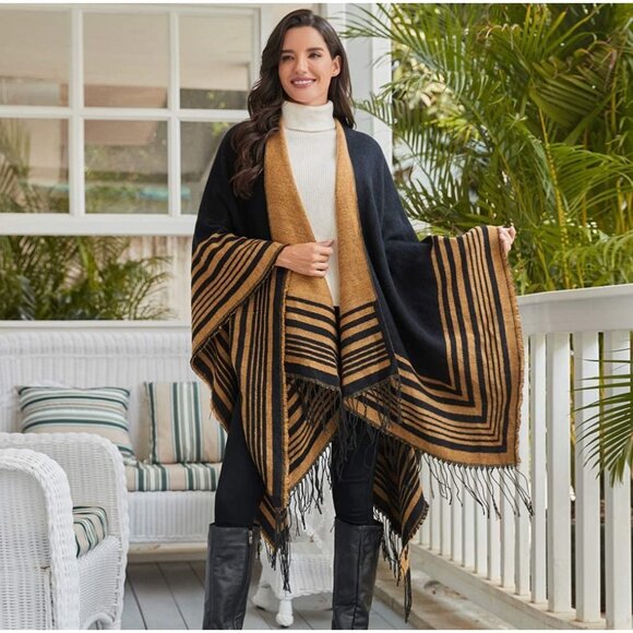 Sweaters | Striped Colorblock Print Knit Poncho Fringe Shawl Cape ...